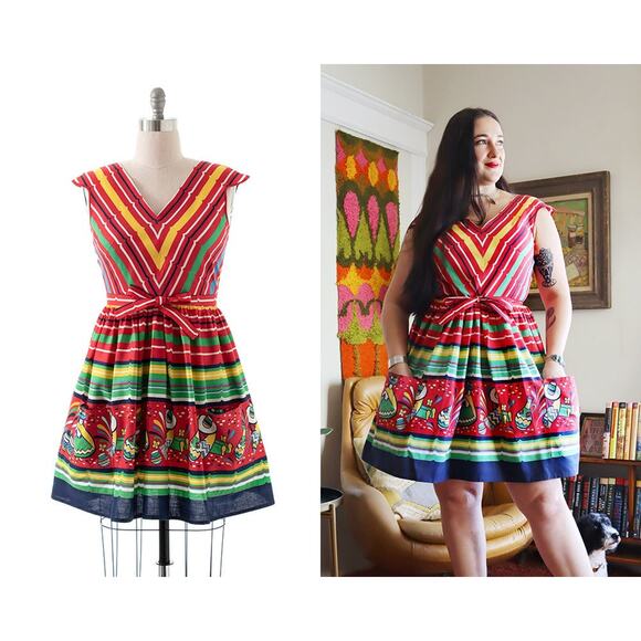 Vintage | Dresses | Vintage 94s Wrap Dress 40s Mexican Novelty Border ...